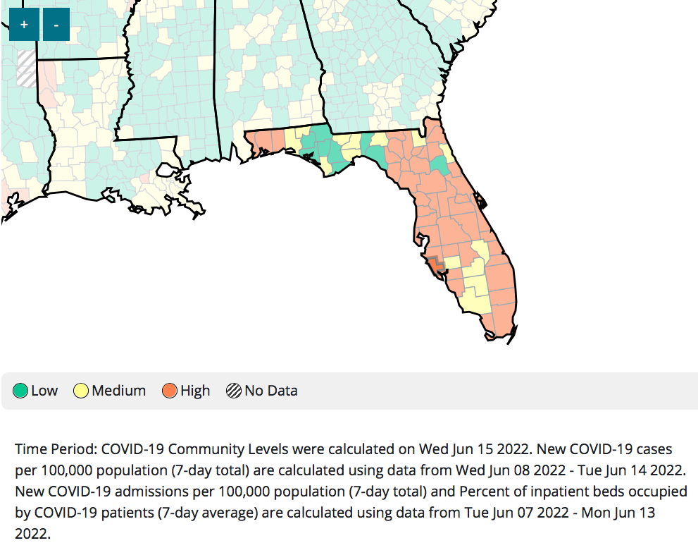 CDC map of Florida showing community COVID levels as of June 15 2022
